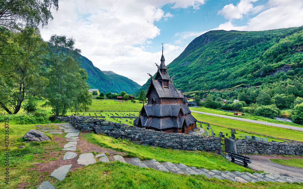 Great summer view of Borgund Stave Church, located in the village of ...