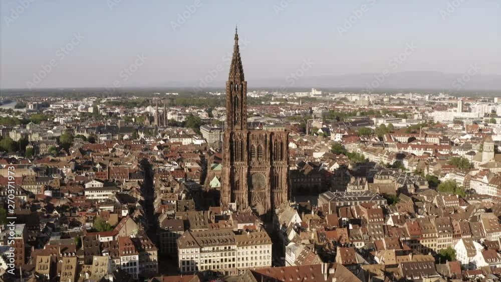 Strasbourg and its cathedral Notre Dame de Strasbourg in an aerial shot ...