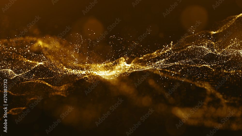 Abstract gold color digital particles wave with bokeh and light ...