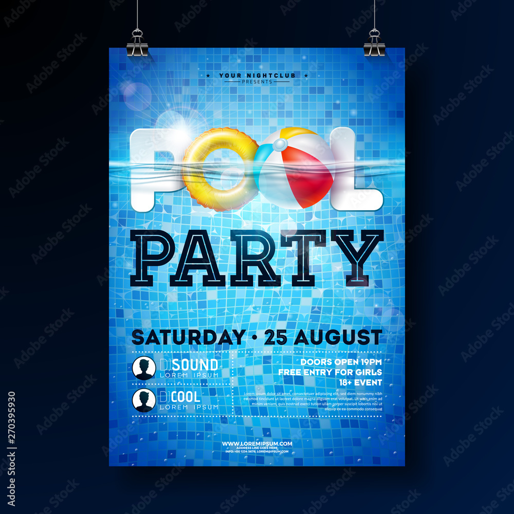 Summer pool party poster design template with water, beach ball and ...