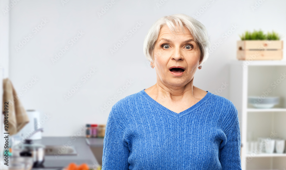 emotion, cooking and old people concept - portrait of shocked senior ...