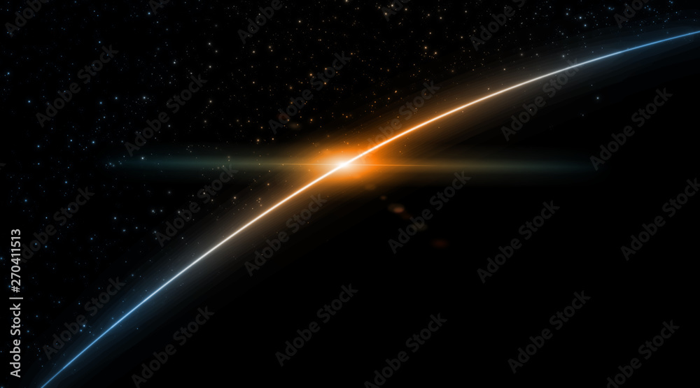 3D Rendering of earth from space with run rising and ray light flare at ...