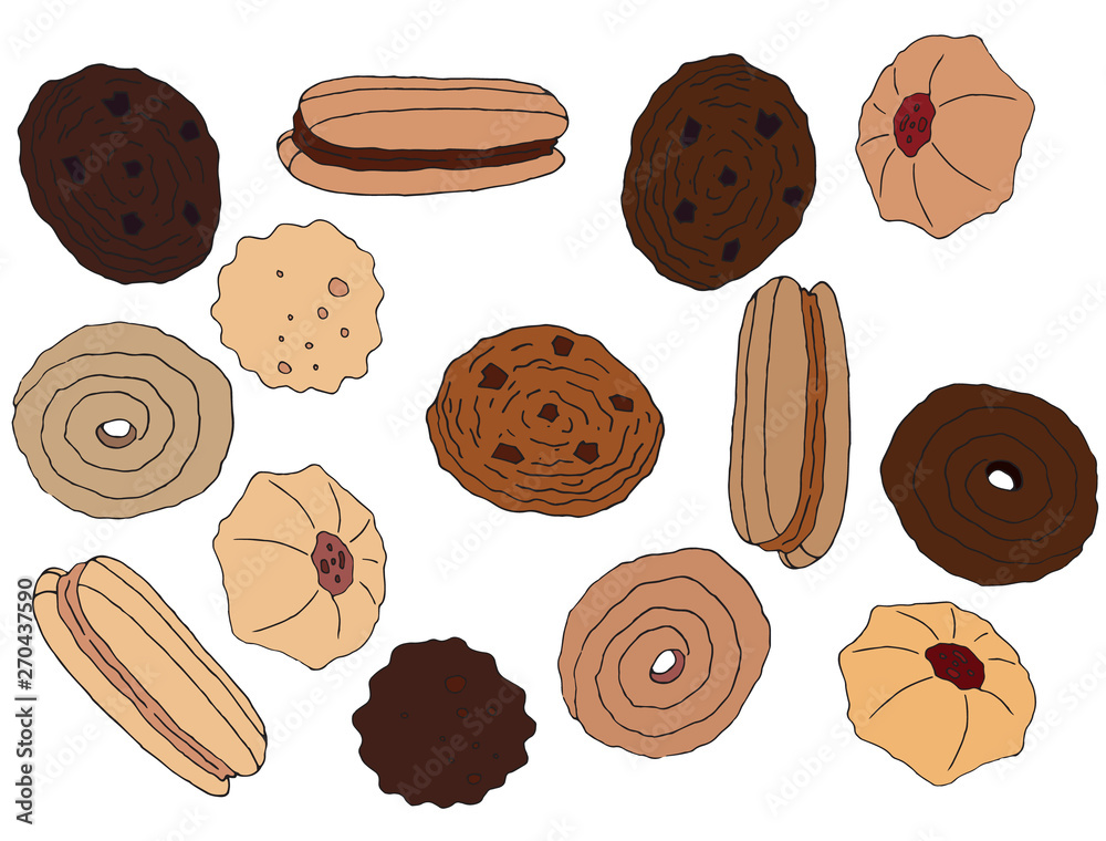 Cartoon hand draw colored cookies art set chocolate cafe diet tasty ...