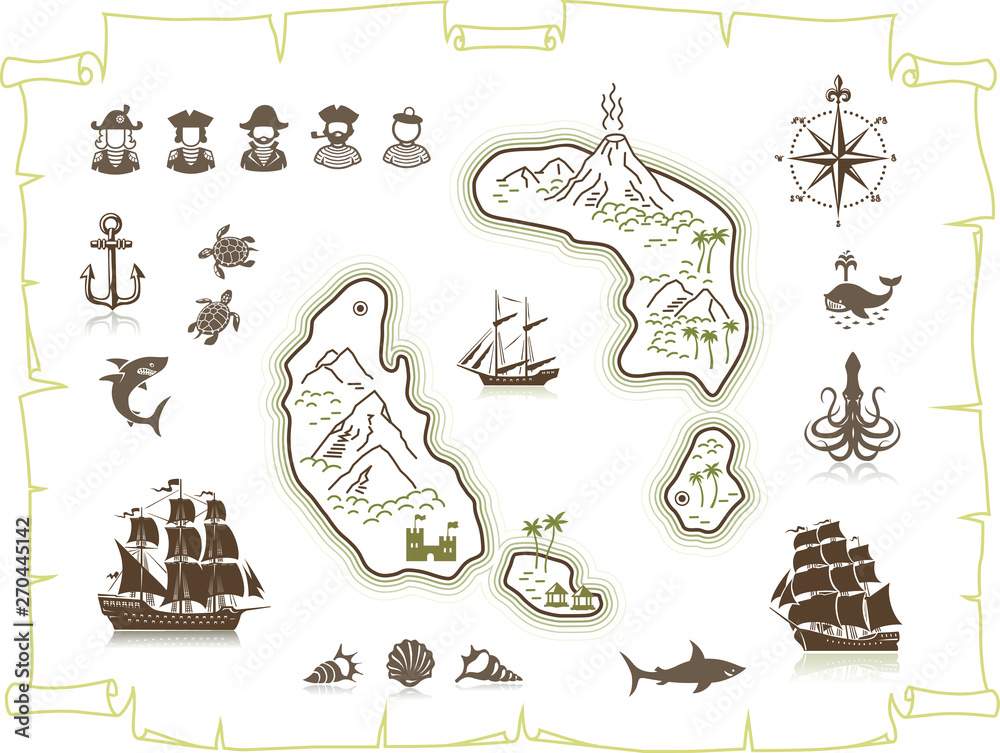 Sailing ships and Isle Map silhouettes and marine symbols set Stock ...