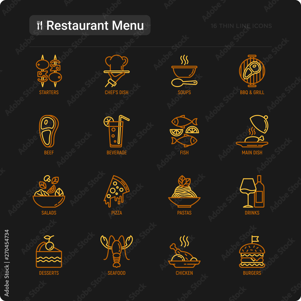 Restaurant menu thin line icons set: starters, chef dish, BBQ, soup ...