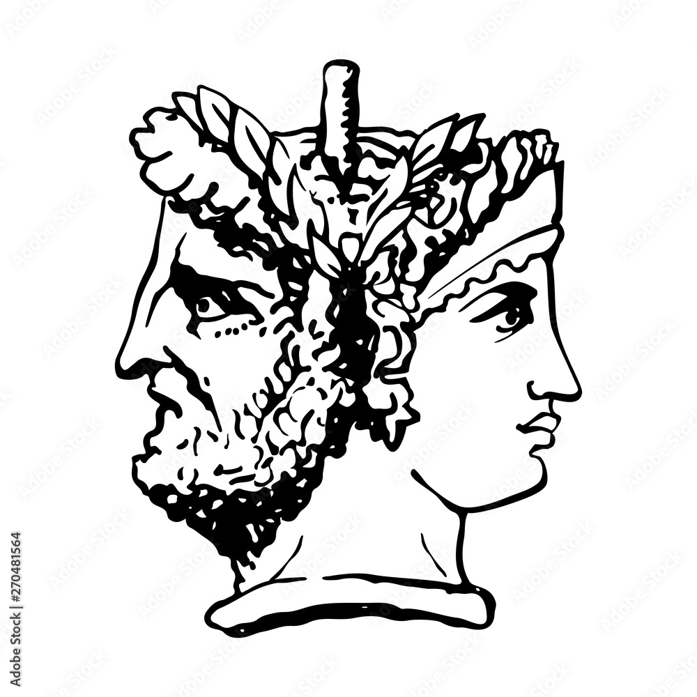 Two-faced Janus. Woman and man heads in profile, connected by the nape ...
