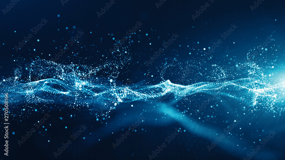 Abstract blue color digital particles wave with bokeh and light ...