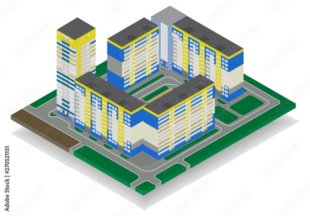 Vector isometric high rise building in urban city. Housing estate ...