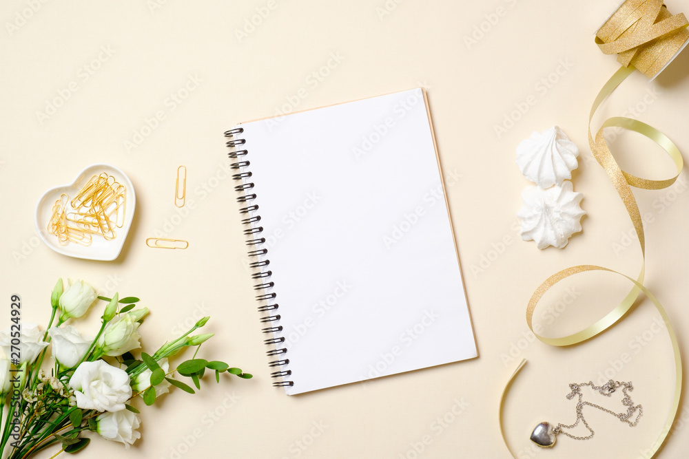 Flat lay women home office desk with blank paper notepad, paper clip ...