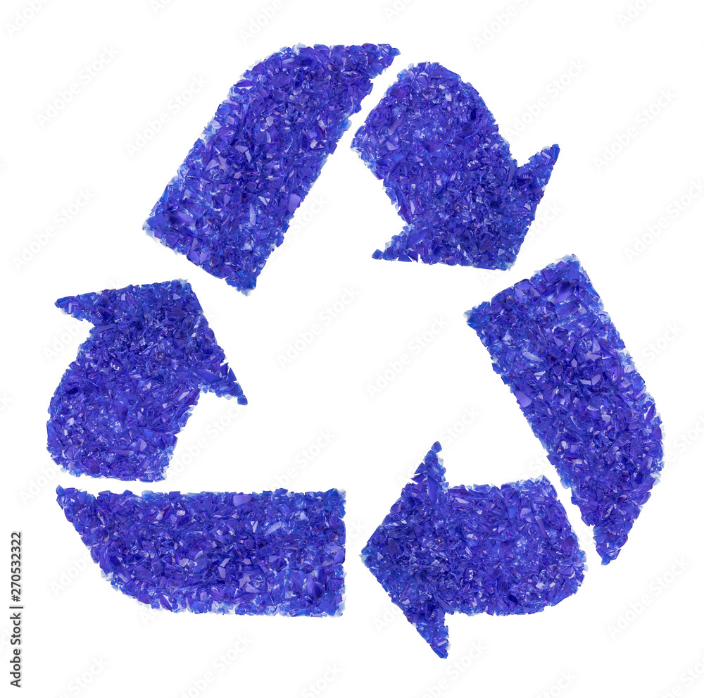 Recycling sign composed of broken violet glass fragments isolated on ...