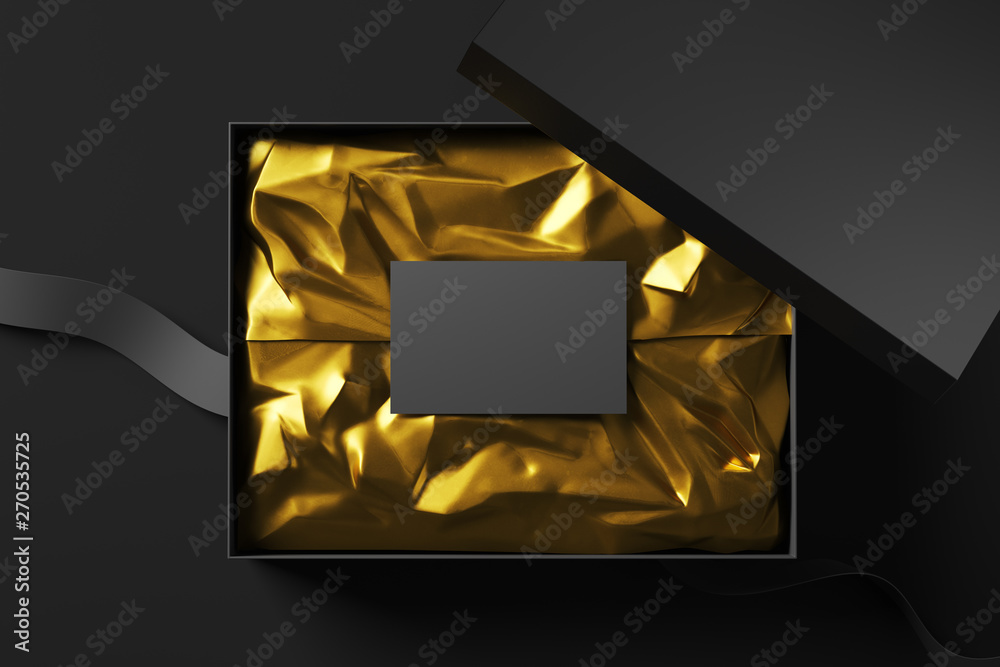 Realistic black open cardboard box with golden wrapping paper and ...