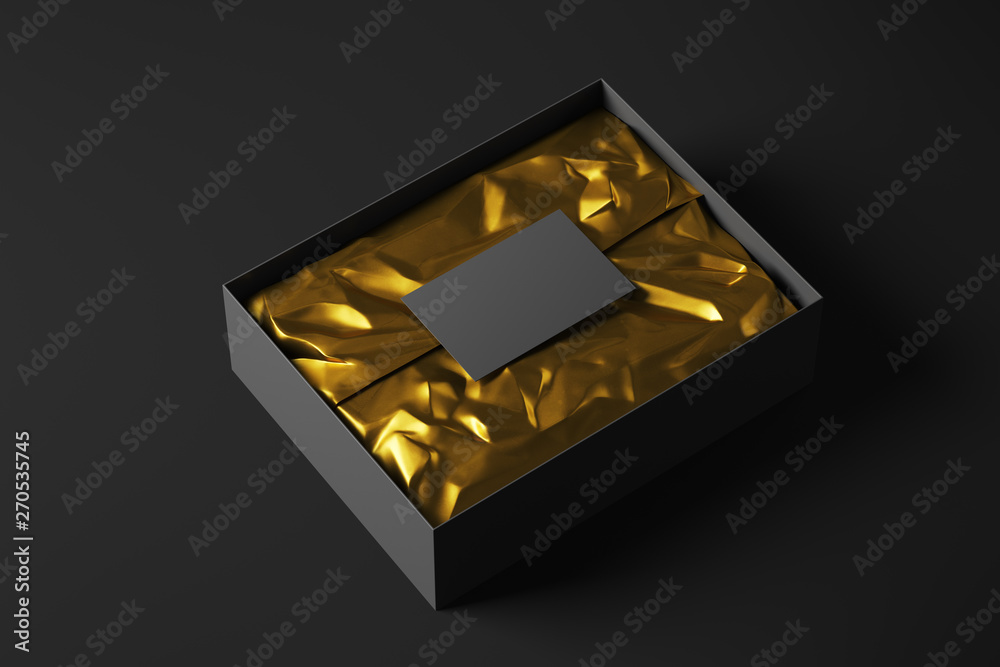 Black realistic open cardboard box with golden wrapping paper and a ...