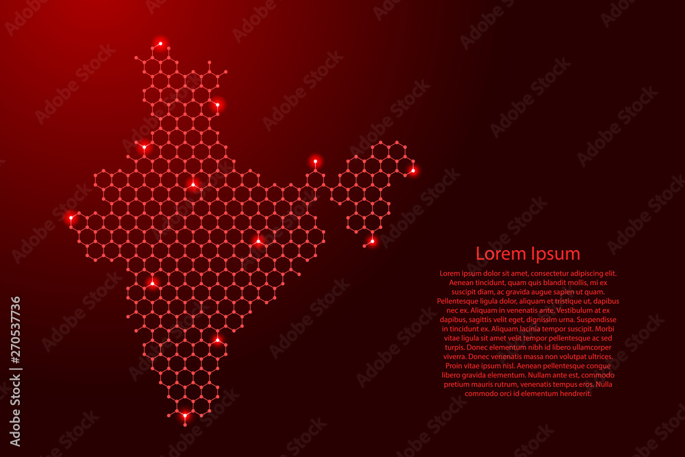 India map from futuristic hexagonal shapes, lines, points red and ...