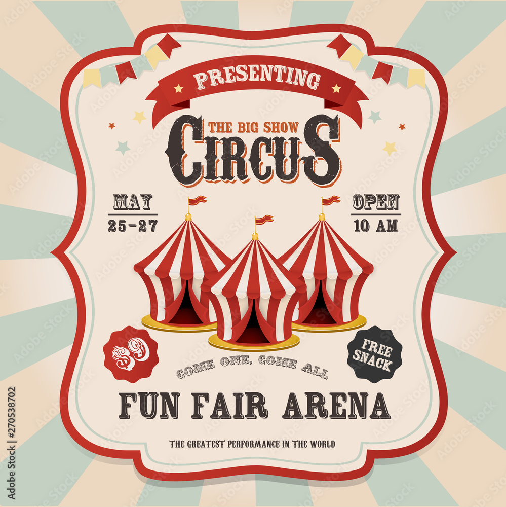 Circus tent. Vintage circus banner with bright bulbs,dome tent ...