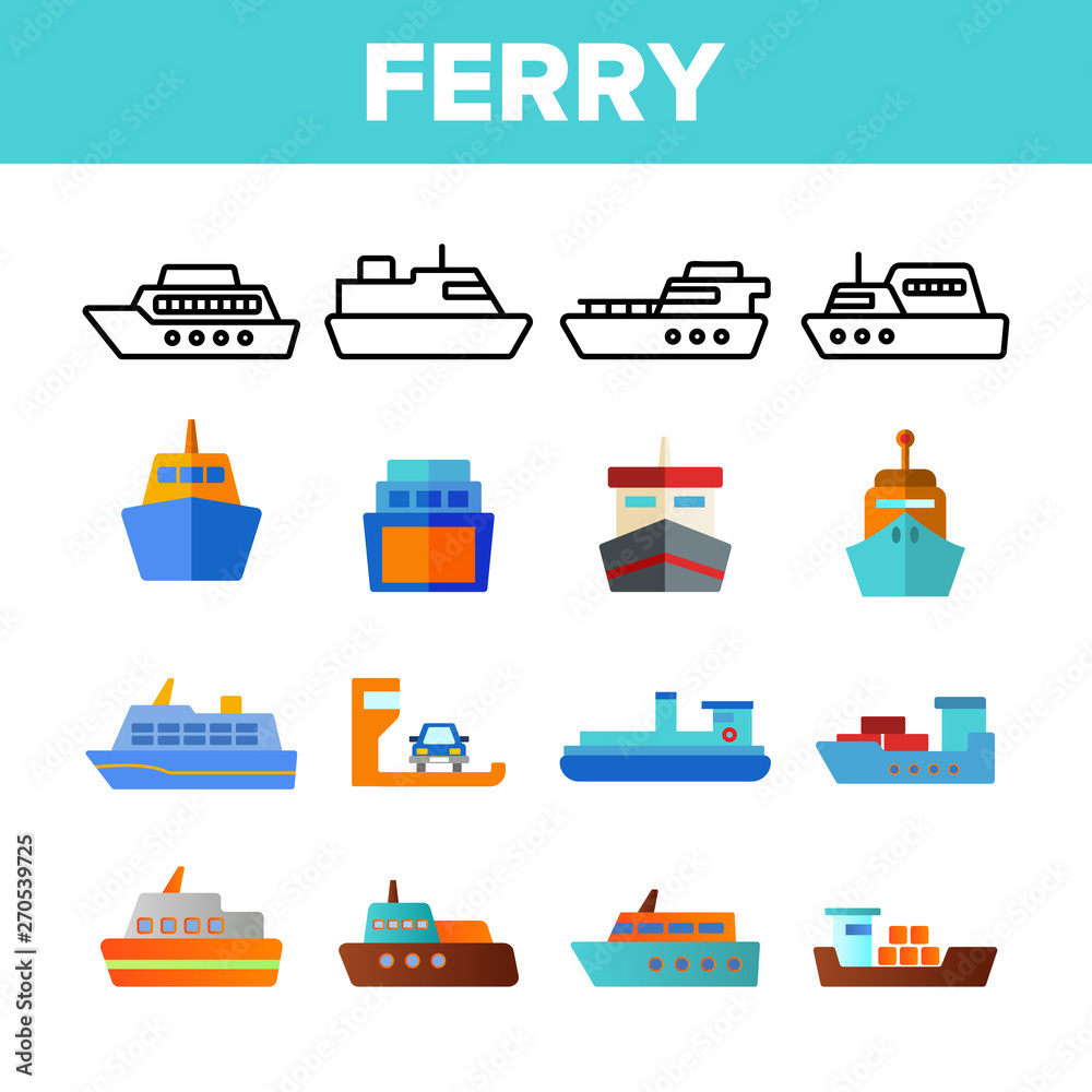 Ferry, Vessel And Ship Vector Color Icons Set. Ferry Front And Side ...
