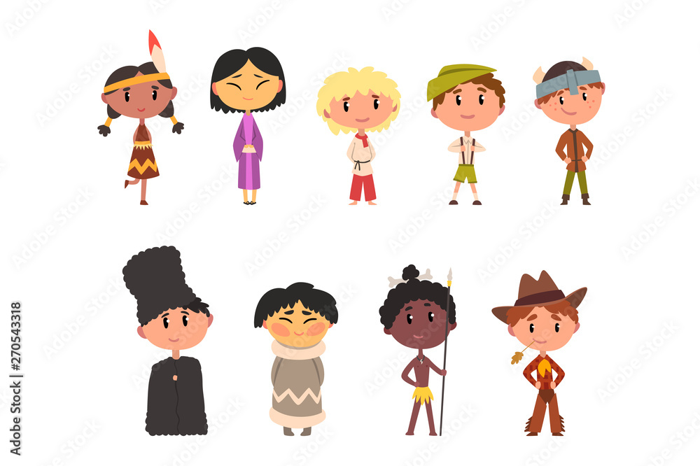Kids in national clothes, boys and girls cartoon characters in ...