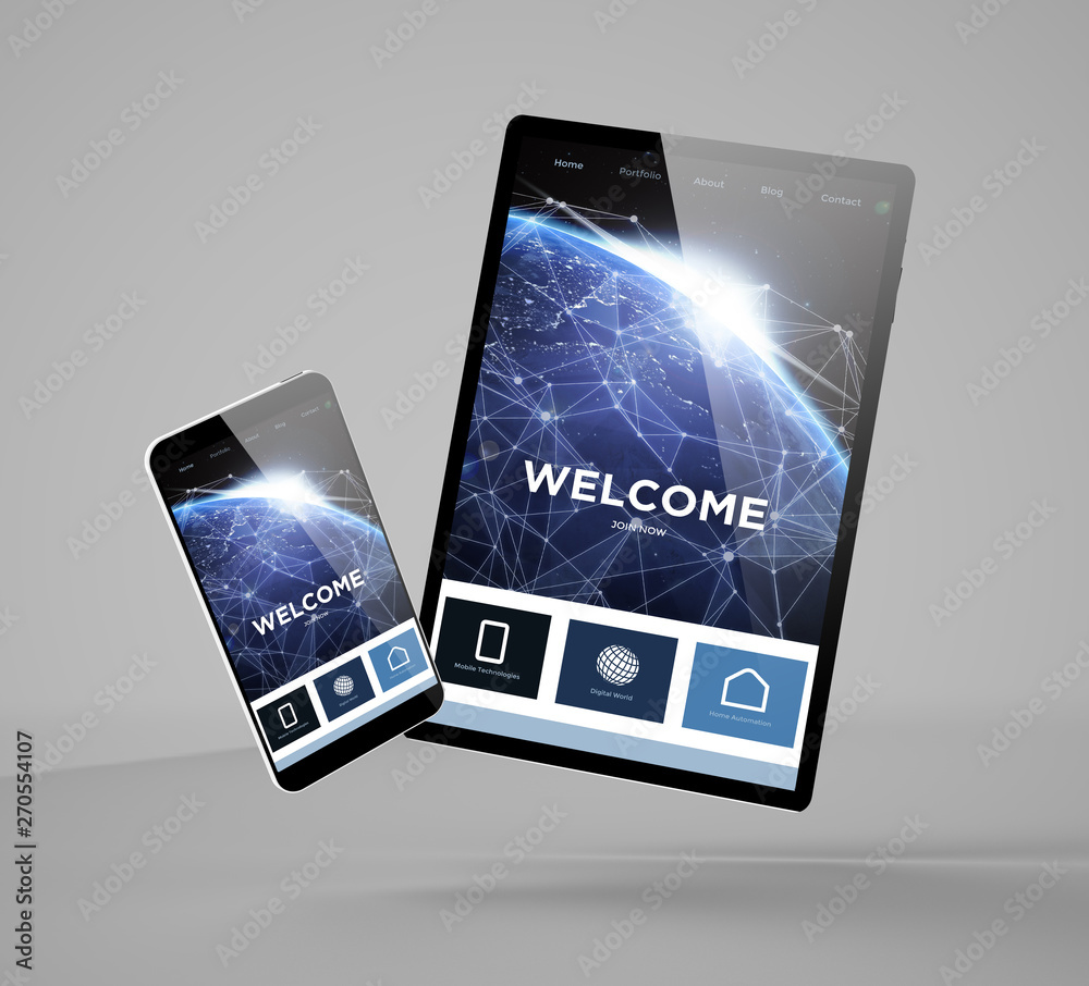 flying smartphone and tablet with modern website welcome page mockup ...