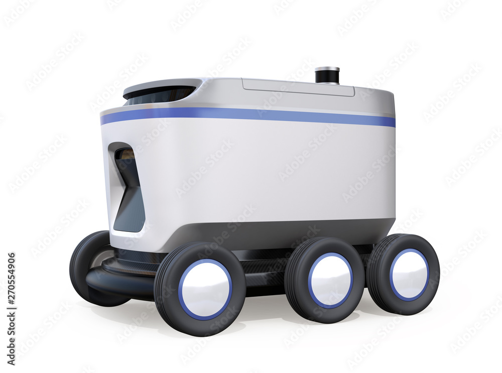 Self-driving delivery robot isolated on white background. 3D rendering ...