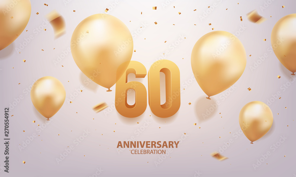 60th Anniversary celebration. 3D Golden numbers with confetti and ...