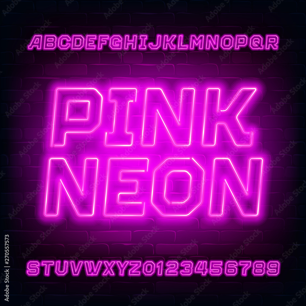 Pink neon alphabet font. Bright light bulb letters and numbers. Stock ...