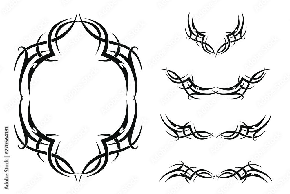 Set of five tribal tattoos (with frame and borders). Isolated black ...