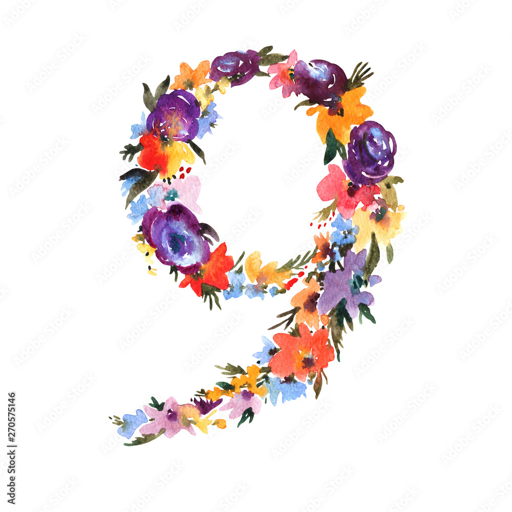 Watercolor Floral Number 9 Isolated on White Background. Floral Symbols ...