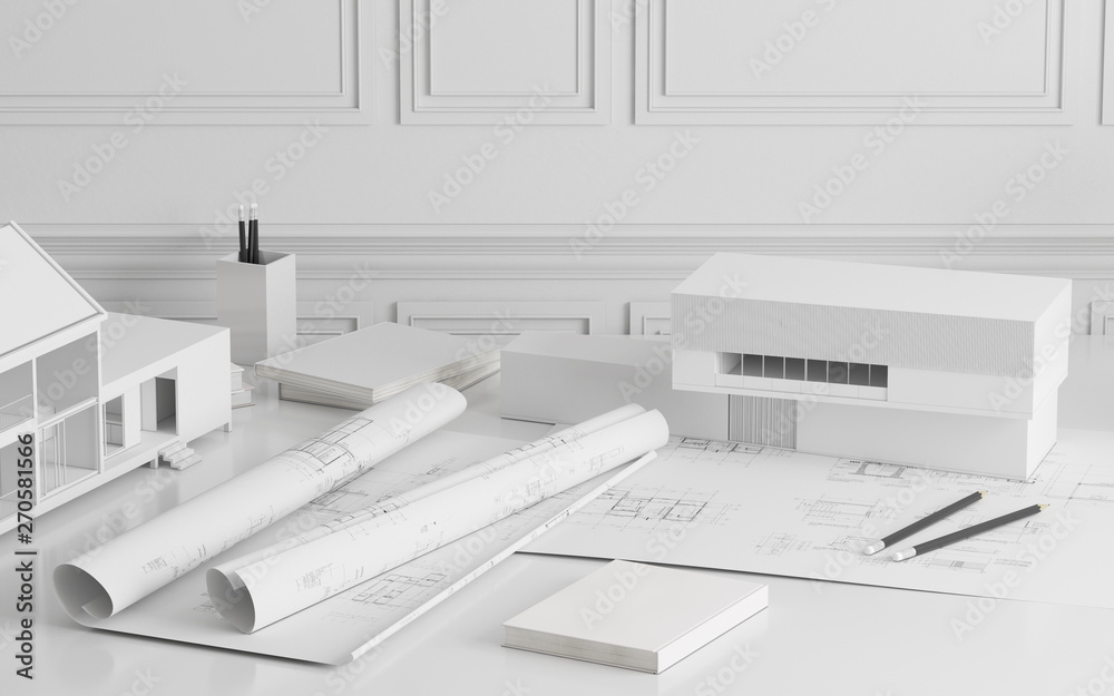 Mock-up of architectural construction drawing paper with white building ...