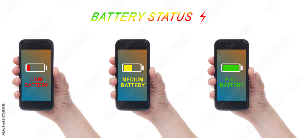 Hand holding black Smartphone with blank screen on white backgroun ...