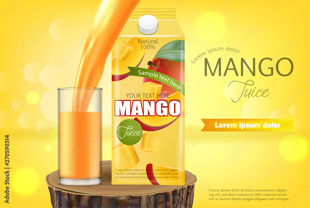 Mango juice Vector realistic. Product placement mock up. Pouring drink ...