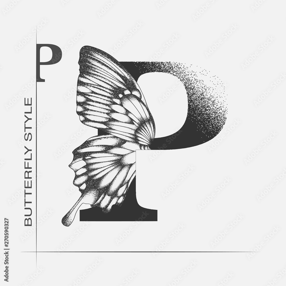 Letter P with butterfly silhouette. Monarch wing butterfly logo ...
