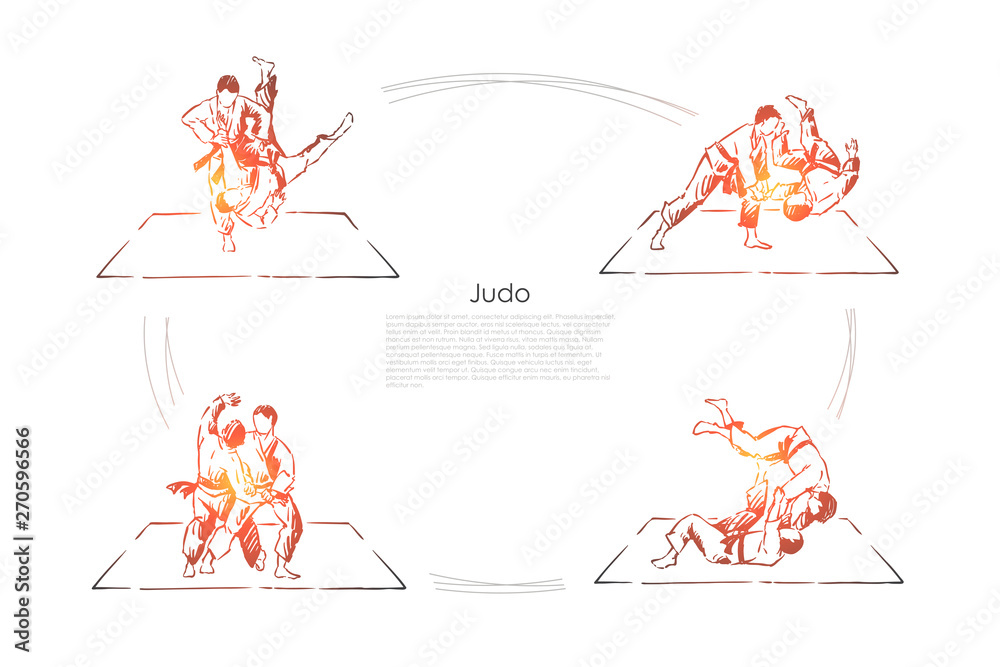 Judo, young athletes in kimono training, sparring practice, combat ...