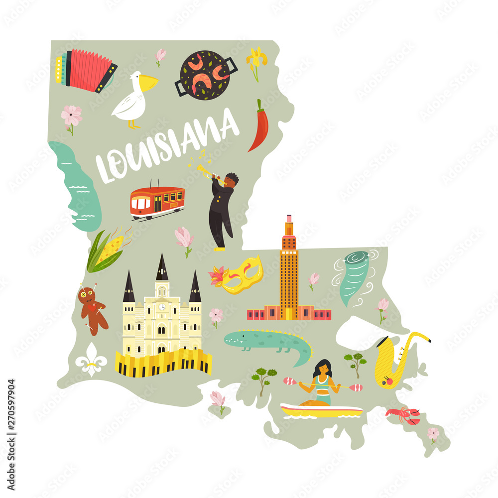 Louisiana Cartoon map with landmarks and symbols Stock Vector | Adobe Stock