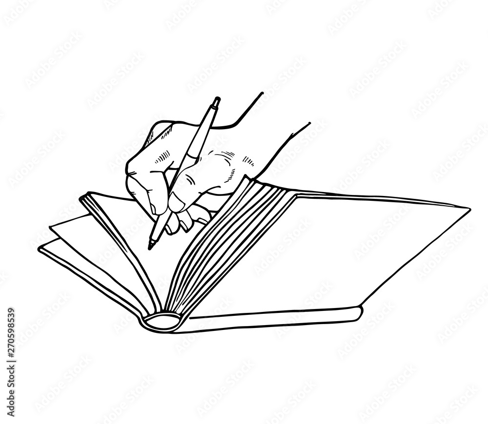 Graphic illustration with open book, hand and pen. Writing hand on ...