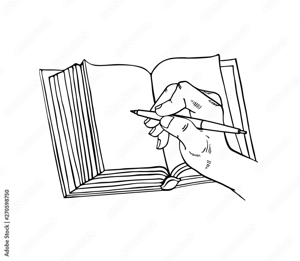 Graphic illustration with open book, hand and pen. Writing hand on ...