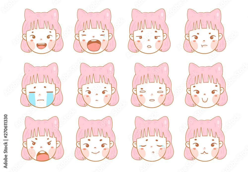 Kawaii girl with pink hair and cat ears. Various face emotions. Cute ...