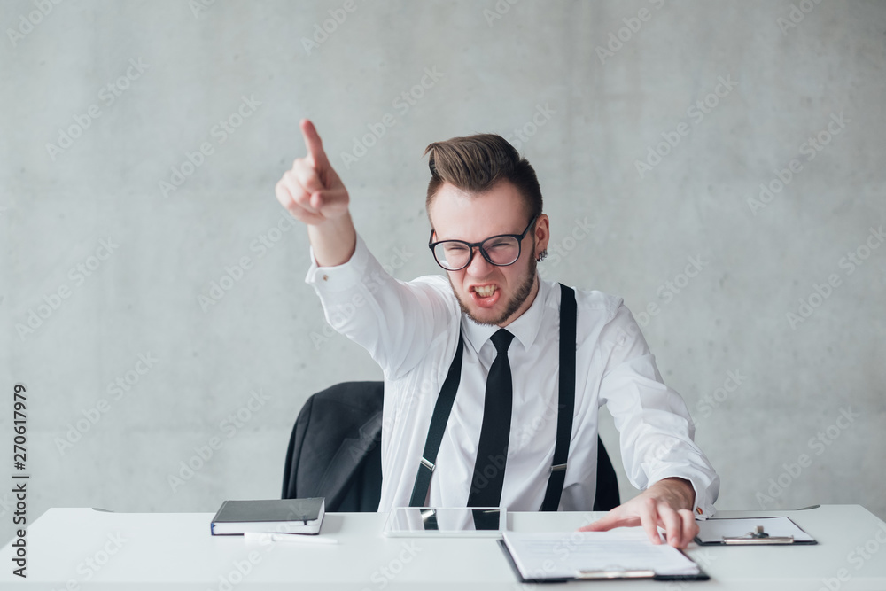 Human resources. Angry hr manager firing employee, showing the door ...