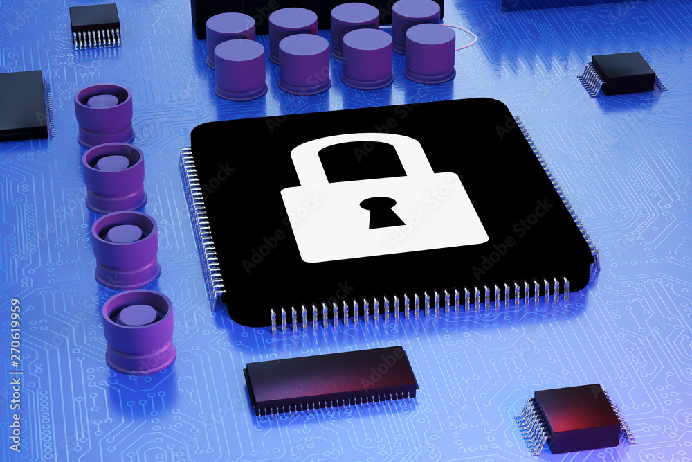 Microchip processor CPU with lock symbol, depicting computer internet ...