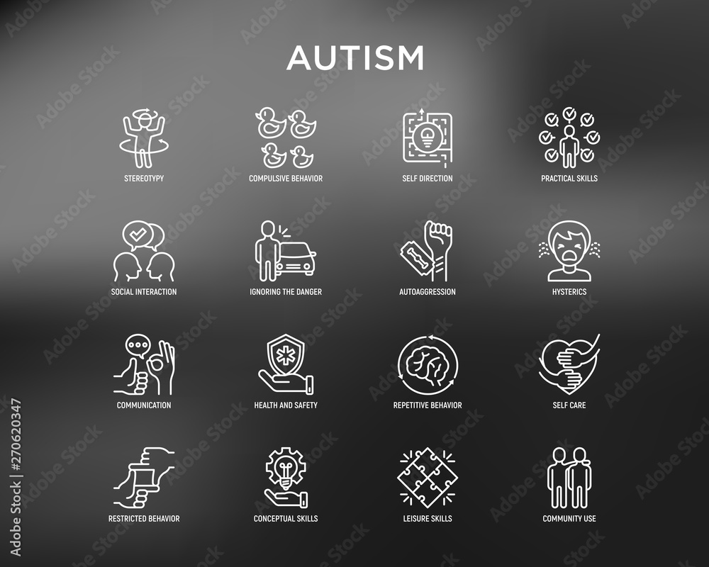 Autism symptoms and adaptive skills thin line icons set: repetitive ...