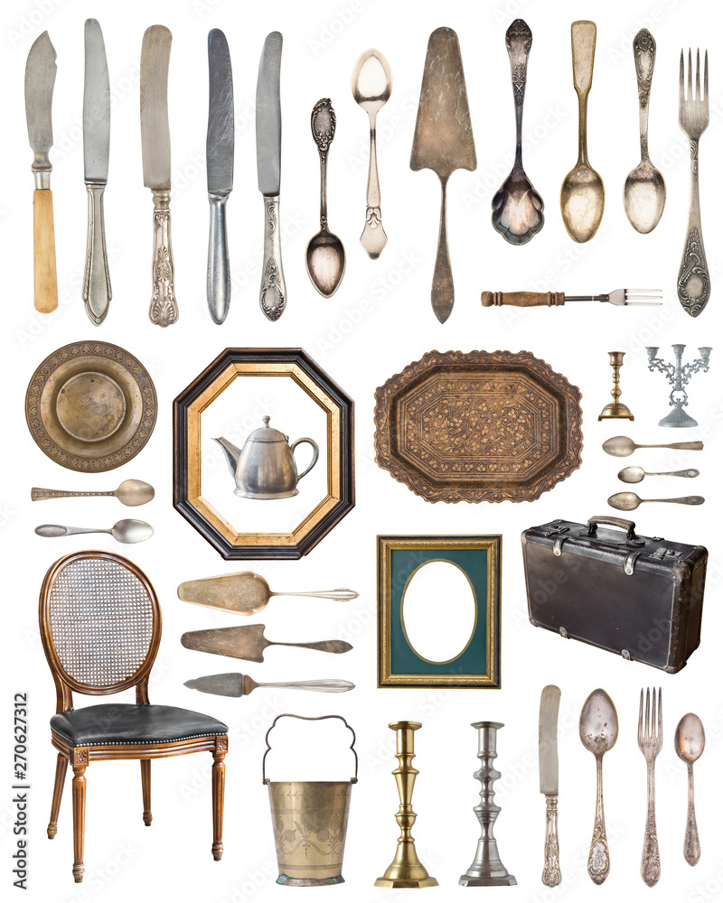 Big set of gorgeous old vintage items isolated on white background ...