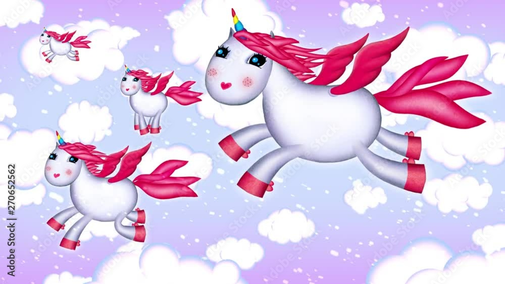 Sweet unicorns in the sky. Four white and pink cartoon unicorns are ...