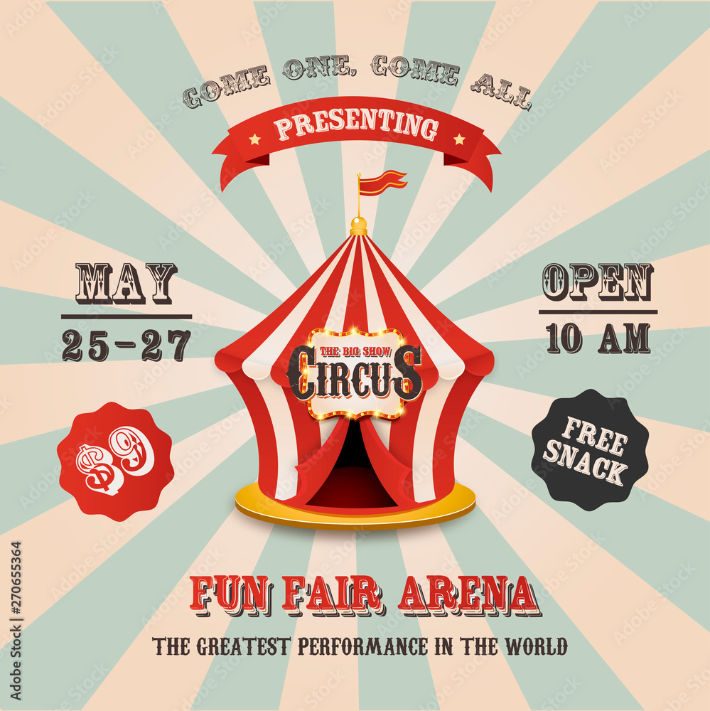 Circus tent. Vintage circus banner with bright bulbs,dome tent ...