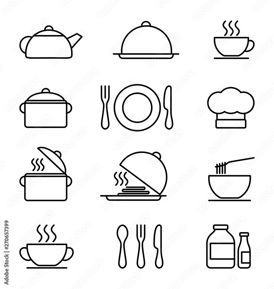 Kitchen icons set, black and white vector icons in thin line style ...