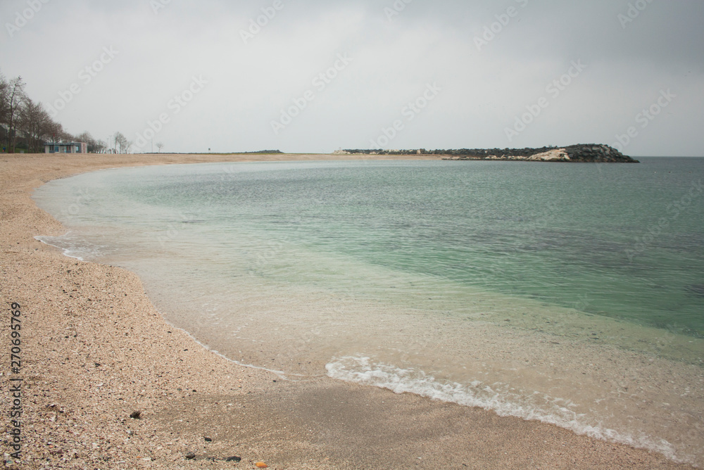 Yeşilköy bay coastline with opaque turquoise color water of Marmara sea ...