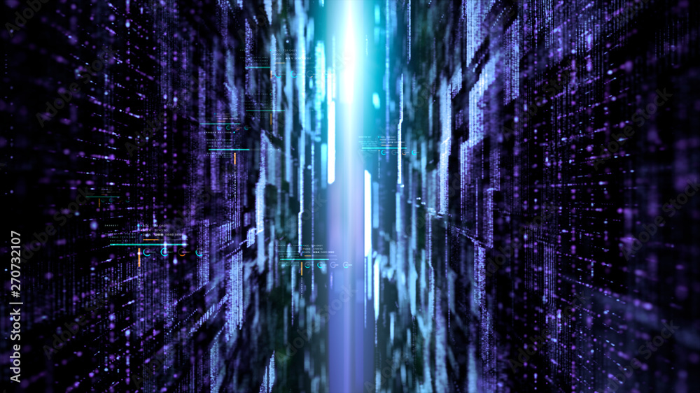 Futuristic digital matrix grid particles de-focus cyber space ...