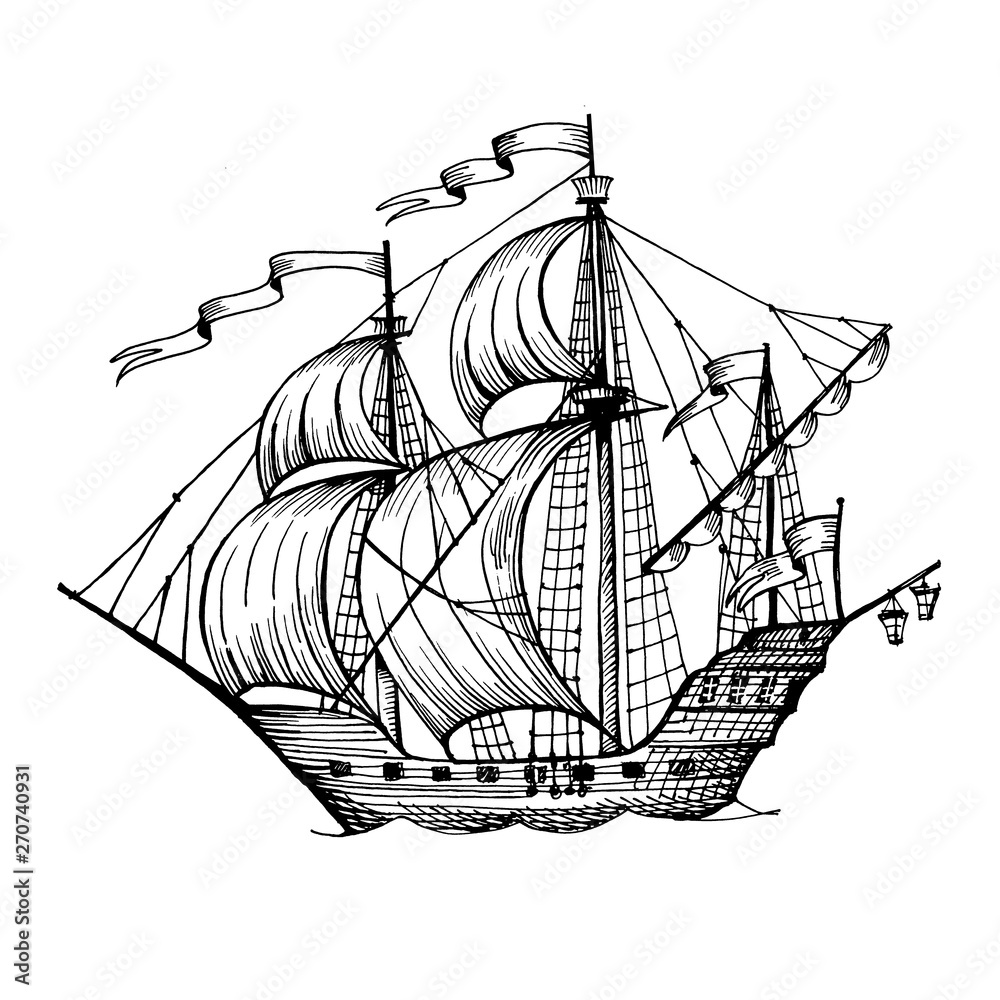 Old caravel, vintage sailboat. Hand drawn sketch. Detail of the old ...