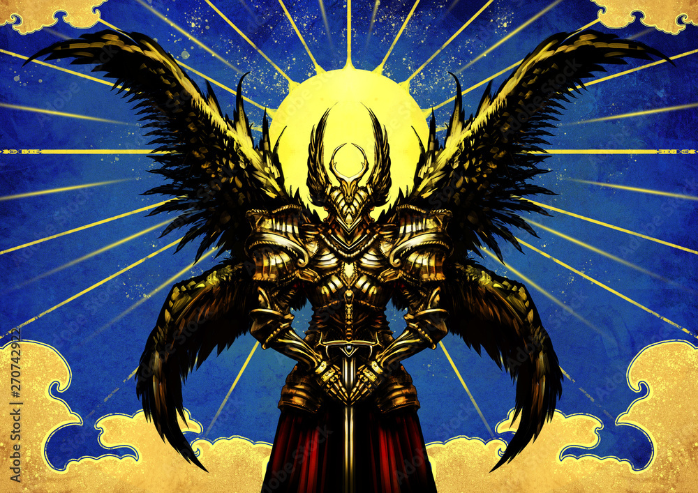 Ilustrace „An angel knight in heavy plate armor with wings stands ...