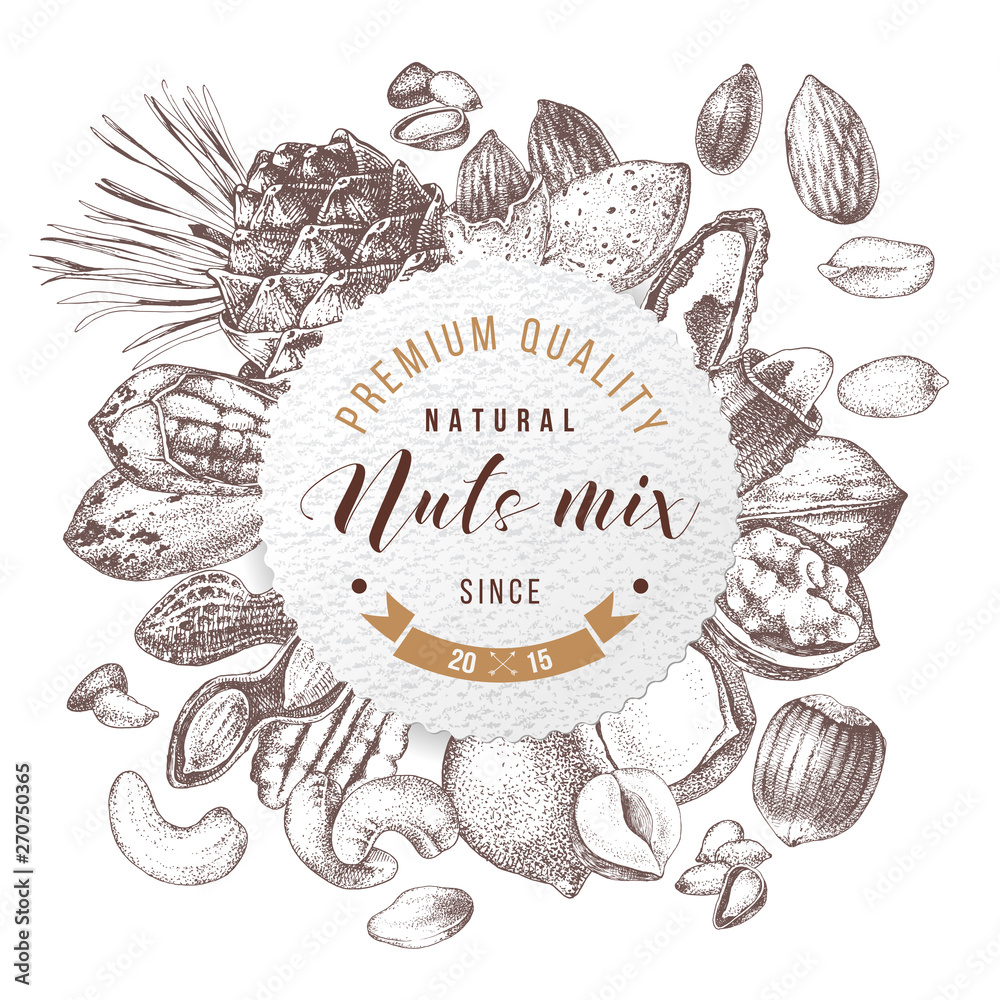 Vector background with round label and type design over hand drawn nuts ...