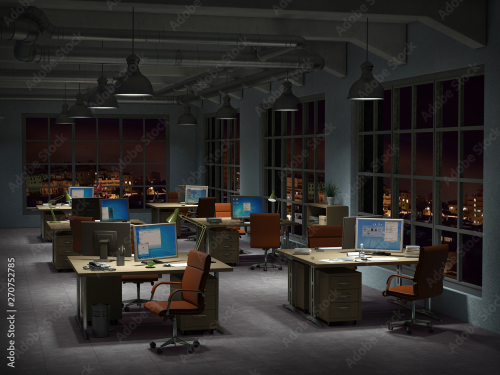 modern office interior in the night 3d illustration Stock Illustration ...