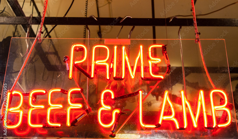 Prime beef and lamb neon sign in a butcher shop window Stock Photo ...