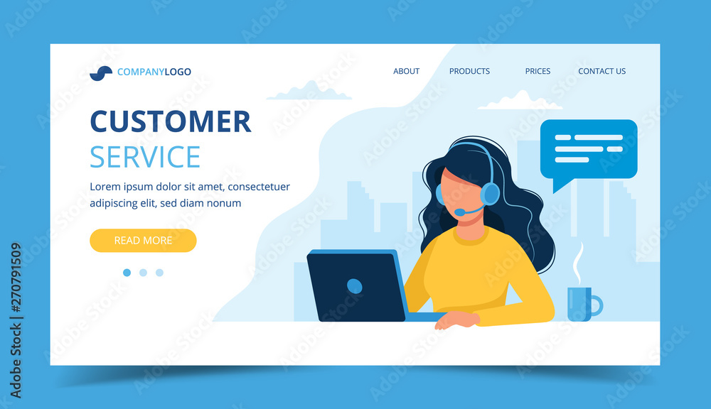 Customer service landing page. Woman with headphones and microphone ...